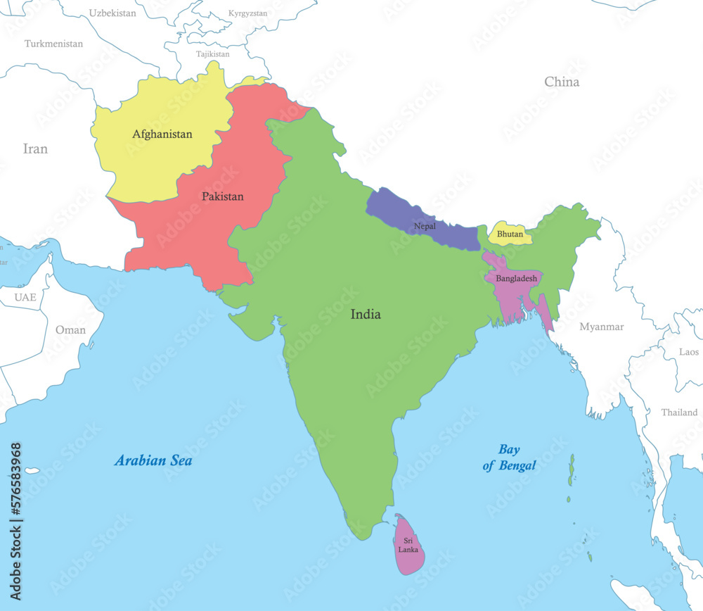 map of South Asia with borders of the states. Stock Vector | Adobe Stock