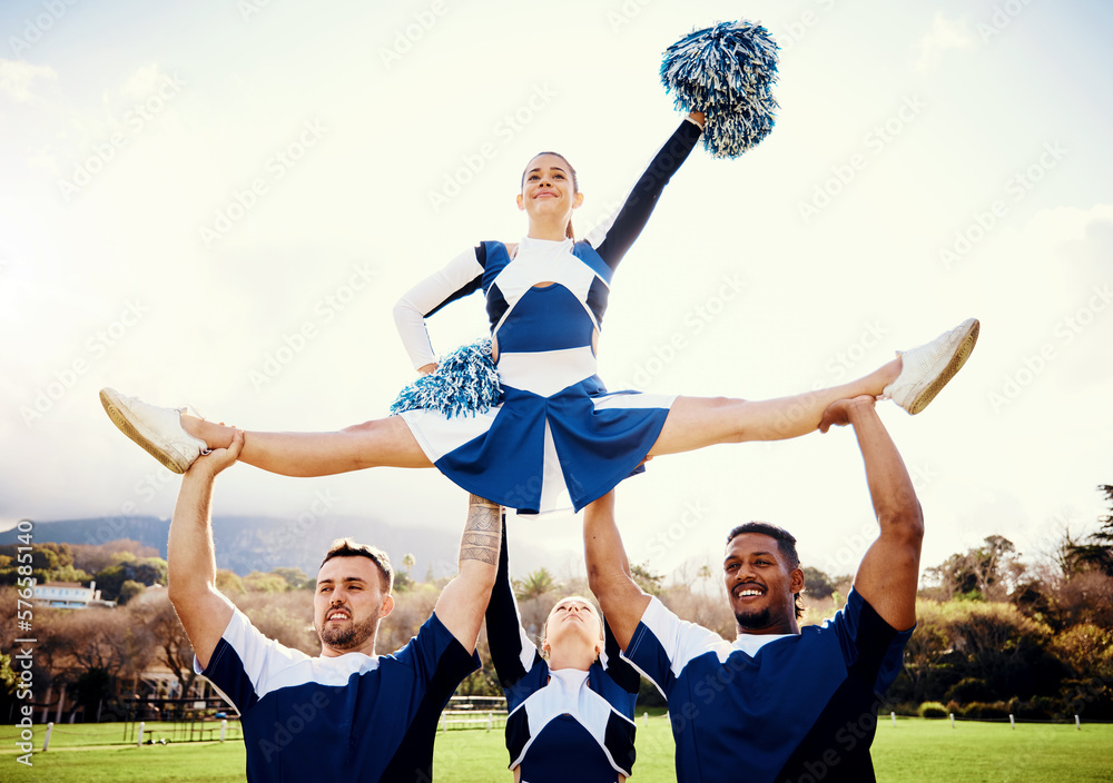 Sports woman, sky and cheerleader performance with smile and energy to ...