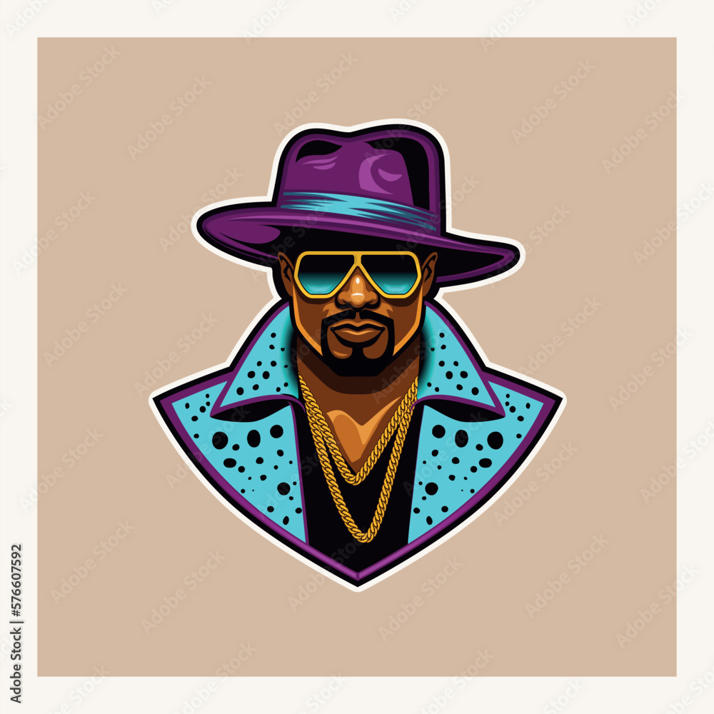 Pimp in purple hat and sunglasses isolated. Hustler sports logo mascot ...