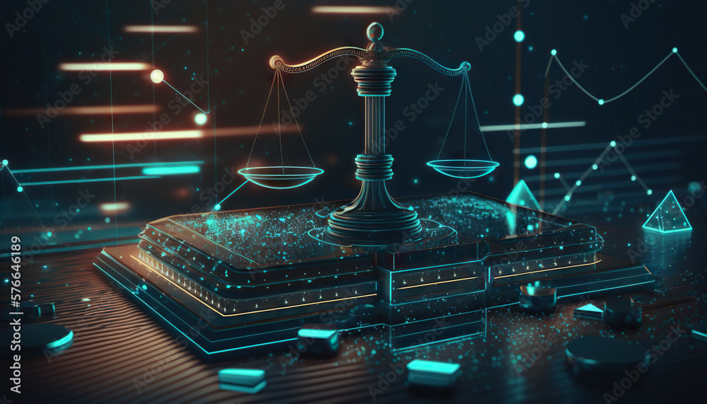 Law scales on background of data center. Digital law concept of duality ...