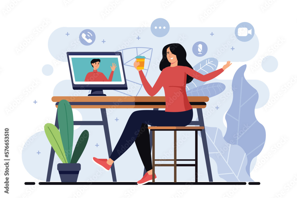 Video conference minimalistic concept with people scene in the flat ...