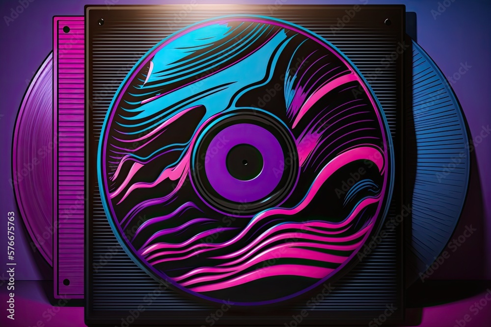 Blank purple record labels serve as a backdrop for a realistic drawing ...