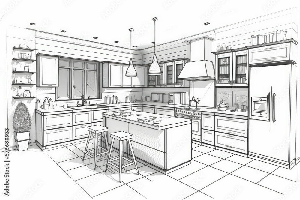 Drawing of the interior of a kitchen. Modern kitchen layout plans with ...