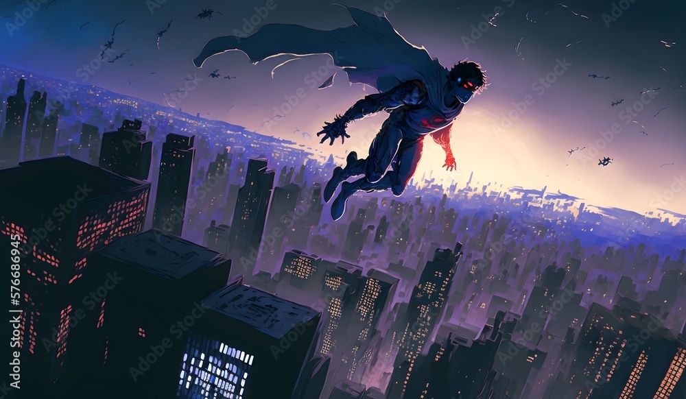 superboy flying in the sky over the big city at night, digital art ...
