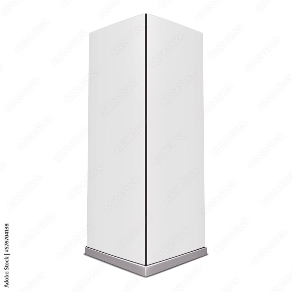 Four-sided pop-up banner stand realistic vector mockup. White blank ...