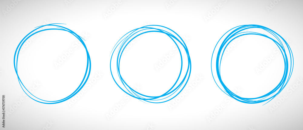 Blue circle line hand drawn set. Highlight hand drawing circle isolated ...