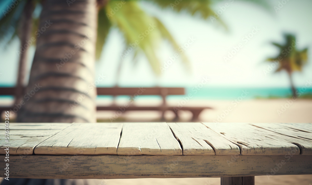 Sective focus.White rustic wood table top with blur sea or beach and ...