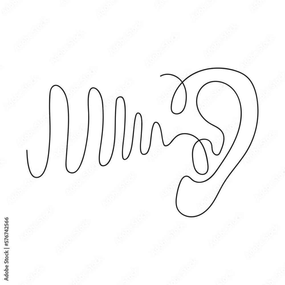 Human ear and waves continuous one line drawing. World hearing day ...