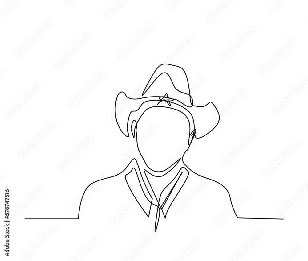 Continuous one line drawing of man wearing cowboy hat. Simple cowboy ...