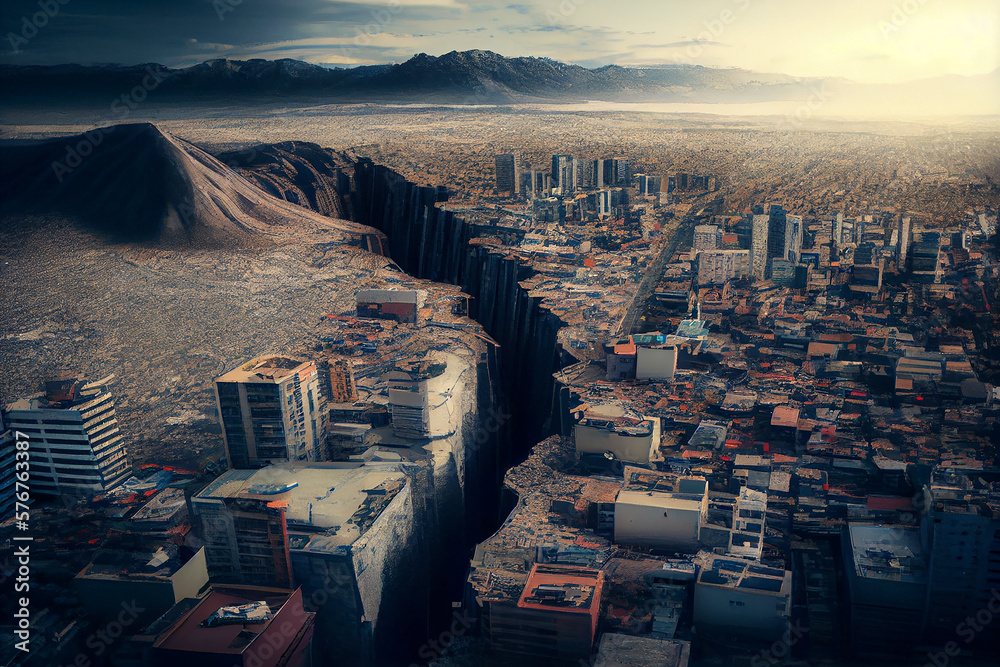 Art Illustration of Aerial view of Cracked land and the city after the ...