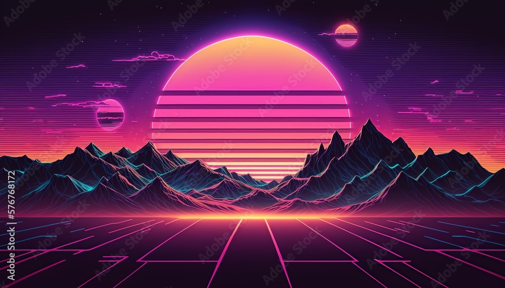 Beach retro wave or synthwave background, retro summer sunset wallpaper. generative ai Stock ...