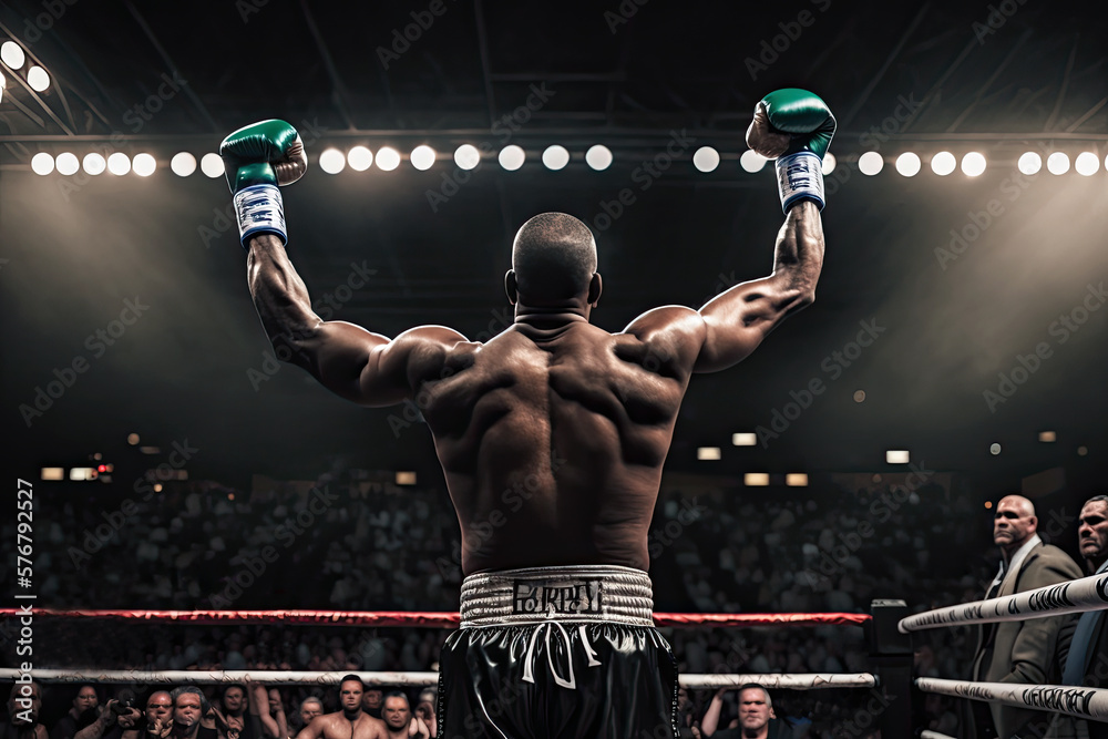 AI Generative Illustration of a black heavyweight boxer raising his ...