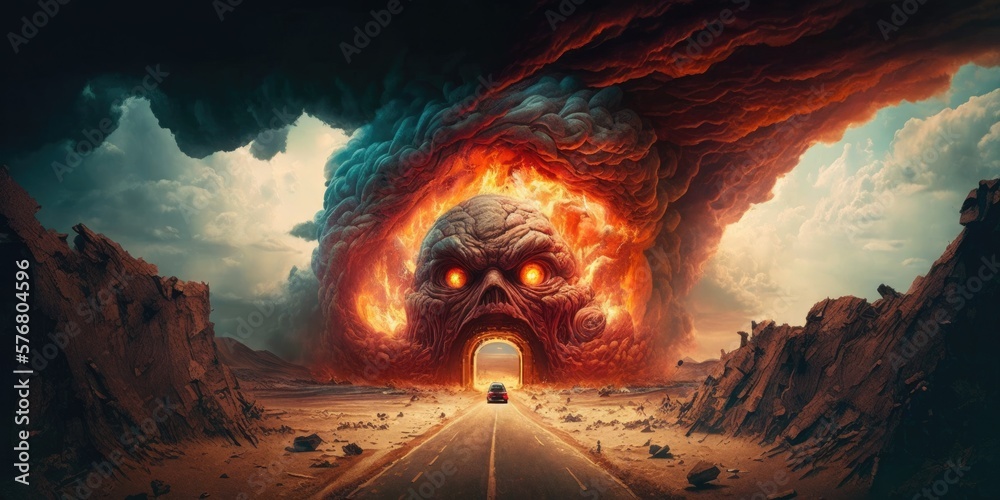 Road to hell through evil demonic skull gate entrance, infernal ...