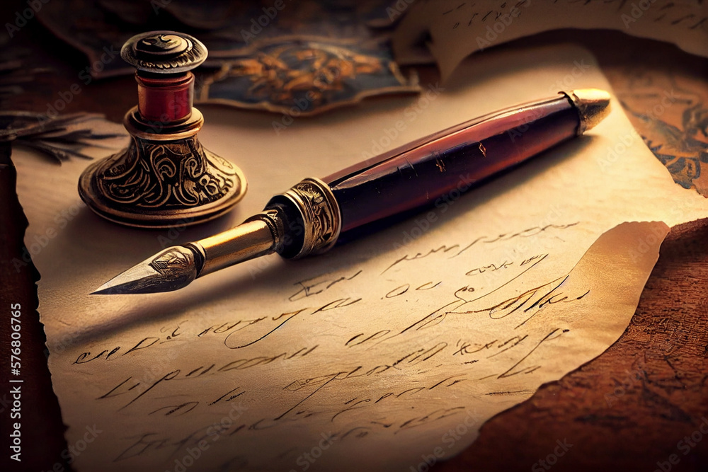 Fountain pen on an antique handwritten letter. Vintage nib pen and ...