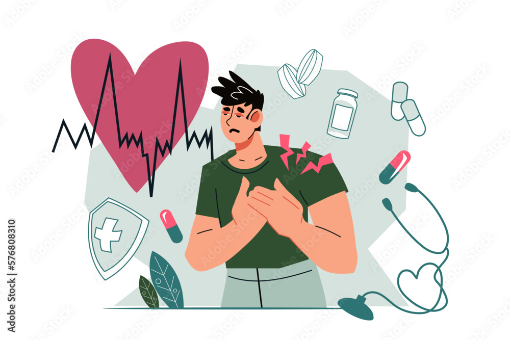 Heart problems and cardiology diseases banner with man who has sudden ...