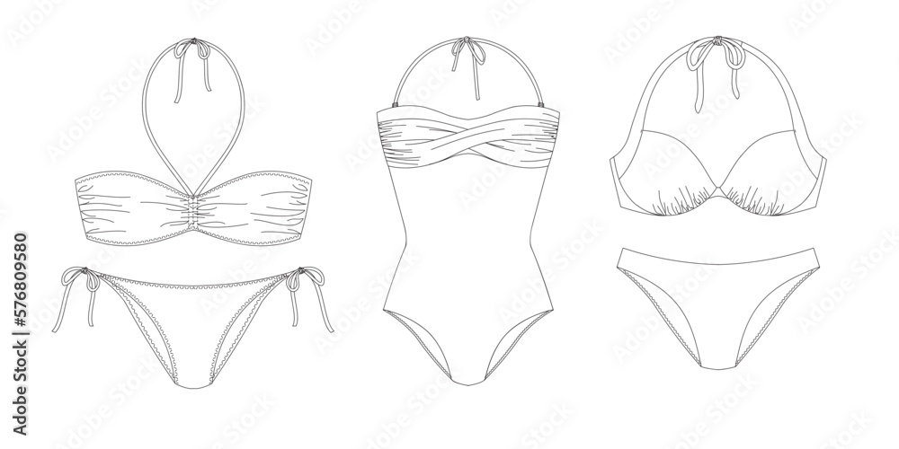 Woman swimwear, technical drawing, template, sketch, flat, mock up ...