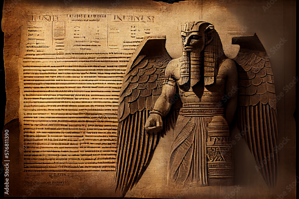 Ancient Sumerian text superimposed on papyrus texture and a winged ...