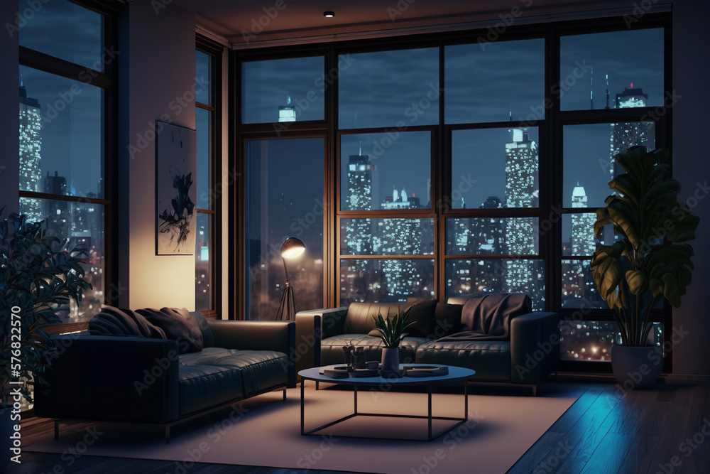 Living room night city view out of glass windows. Modern design ...