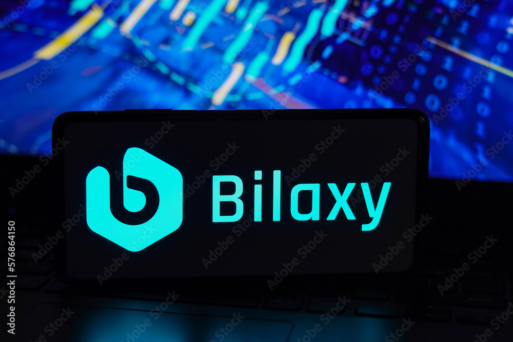 March 1, 2023, Brazil. In this photo illustration, the Bilaxy logo seen ...