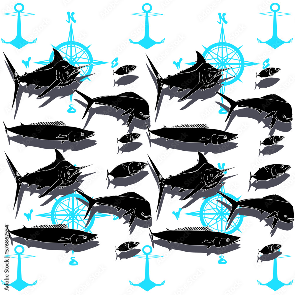 Marine pattern with compass, anchors and deep water game fish ...