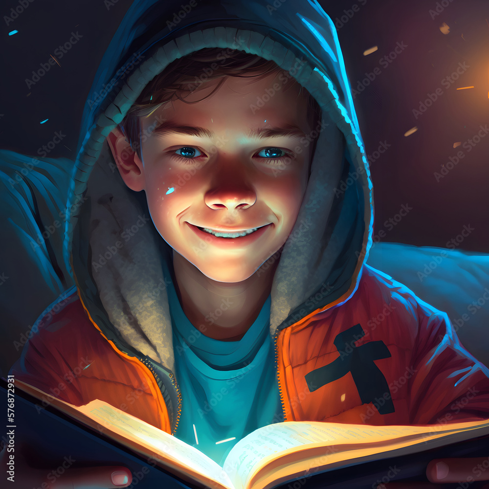 Happy boy with a smile, reading a book in a bad , light from the book ...