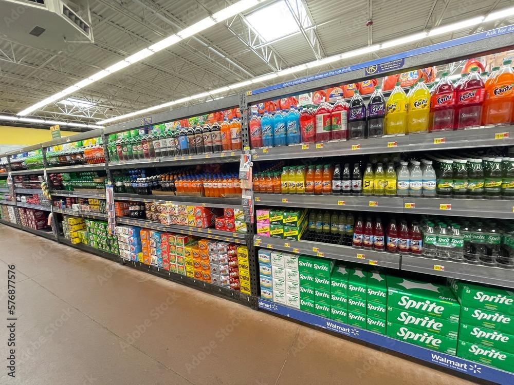 Walmart grocery store interior soda aisle side view Stock Photo | Adobe Stock