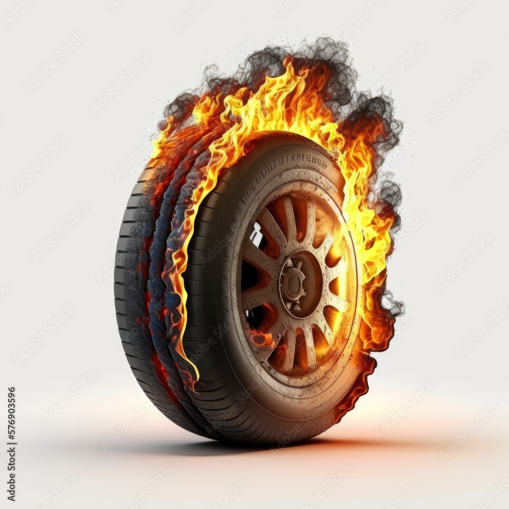 burning car wheel isolated on white background, flames and smoke, drift ...
