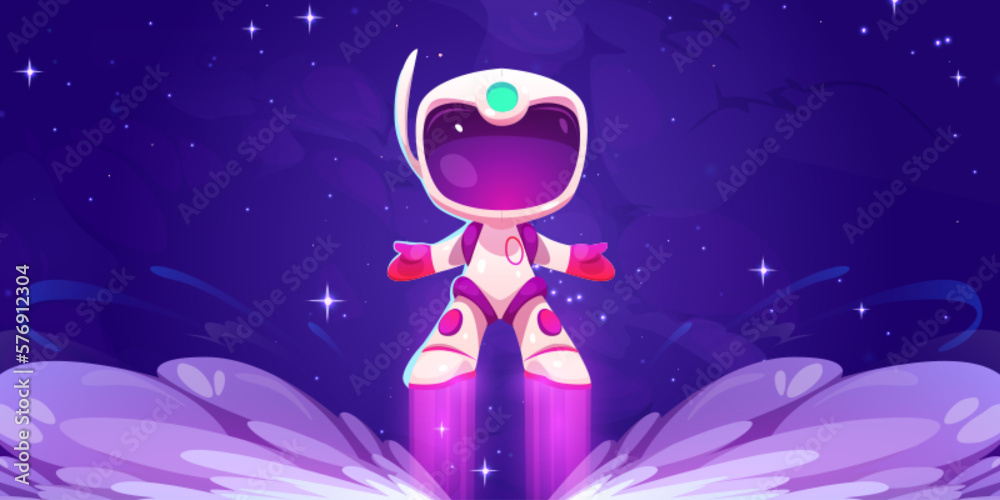 Vector cartoon game background with cosmonaut character fly up in flame ...