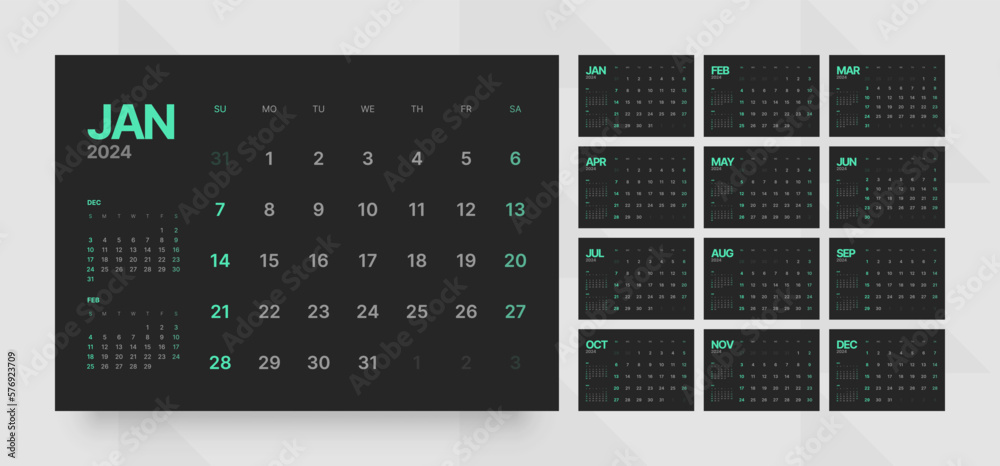 Monthly calendar template for 2024 year. Horizontal calendar grid in ...