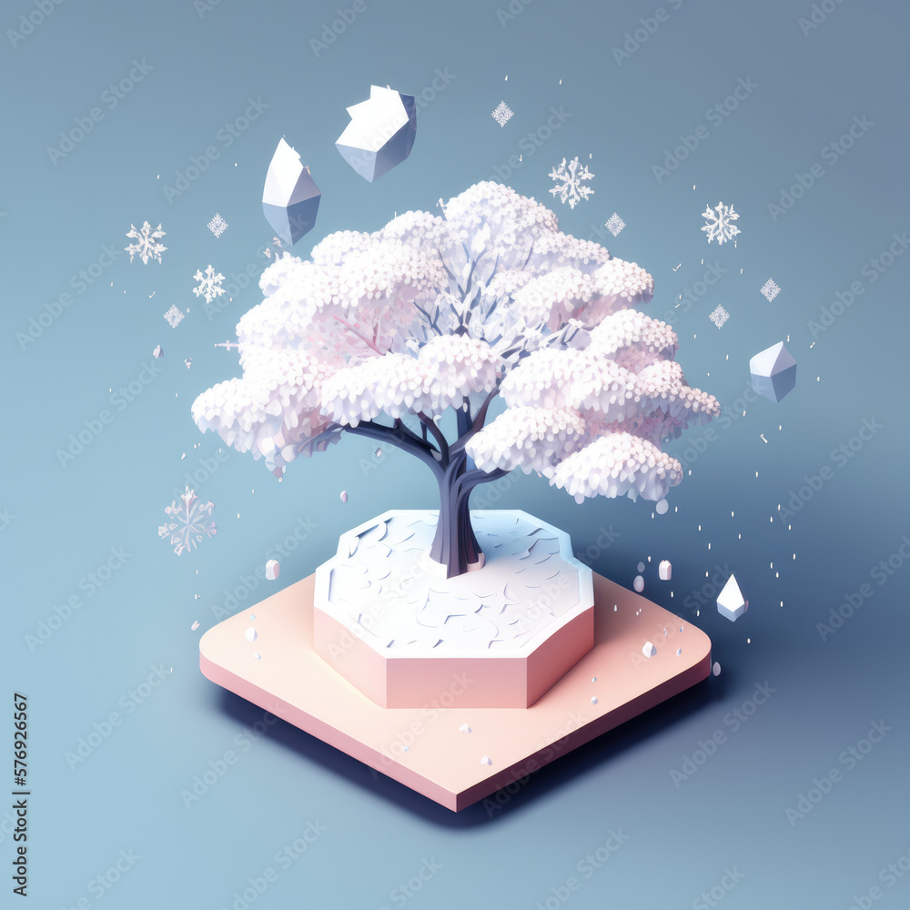 glittering snowflakes and a cherry blossom tree, isometric low poly ...