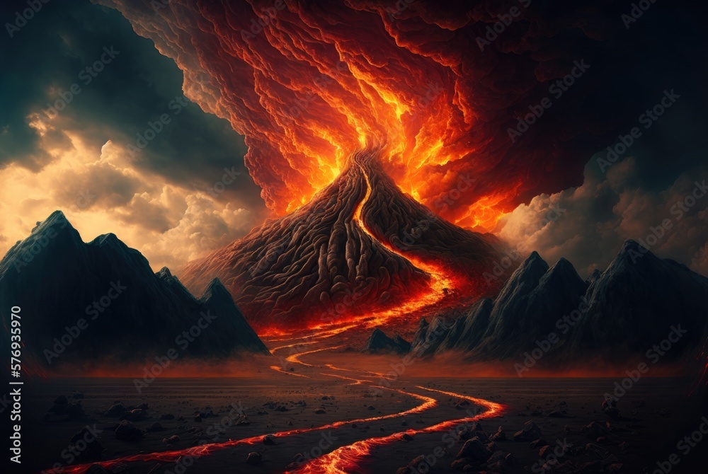 Infernal underworld of brimstone and fire, dramatic volcano eruptions ...