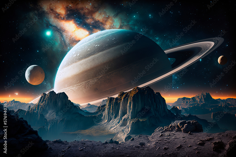 Sci-fi fantasy landscape with Saturn planet in outer space background and rock surface of some ...