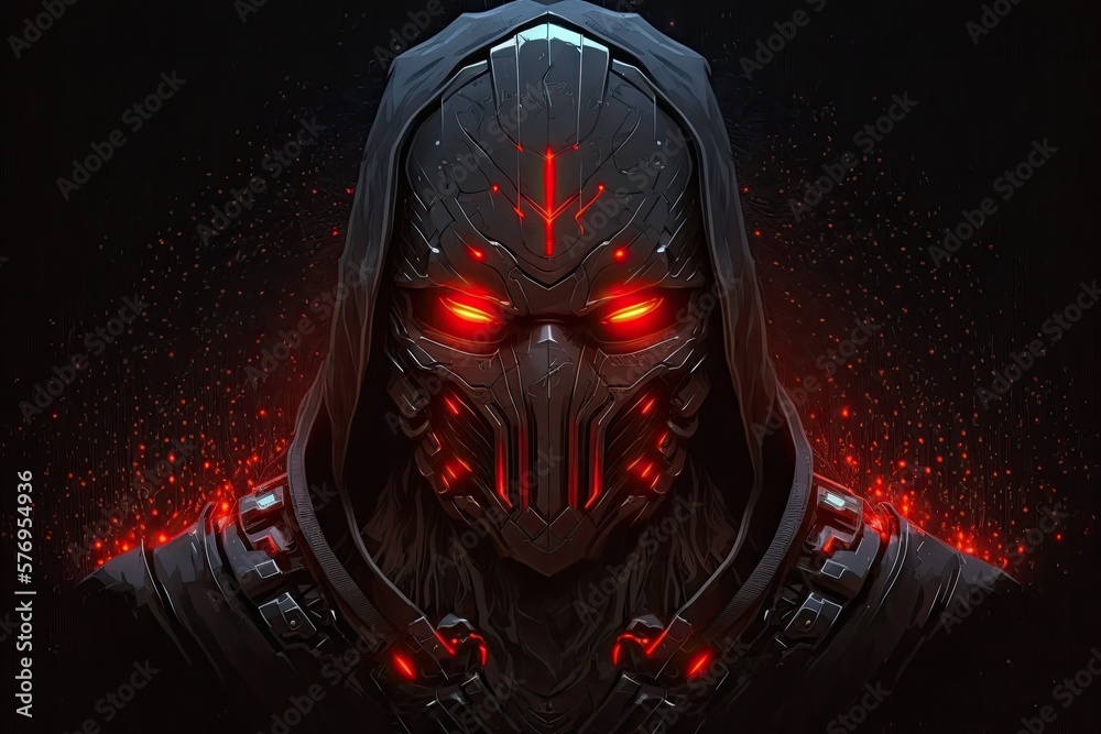Animated gif depicts a cyborg's head with glowing red eyes, wearing a ...