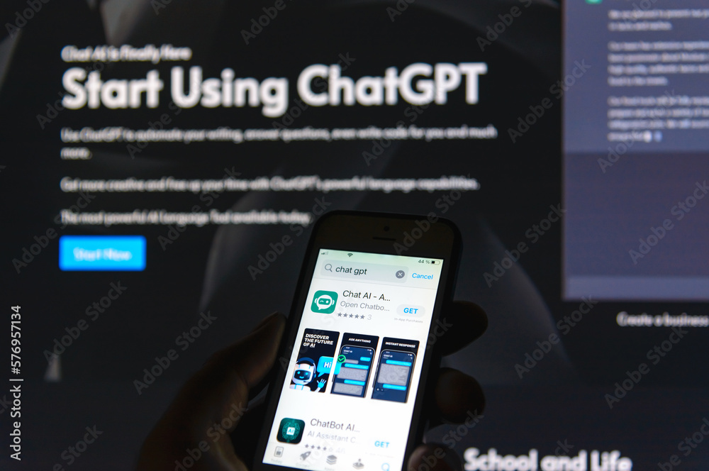 Screen AI,artificial intelligence. Webpage of ChatGPT, a prototype AI chatbot, is seen on the ...