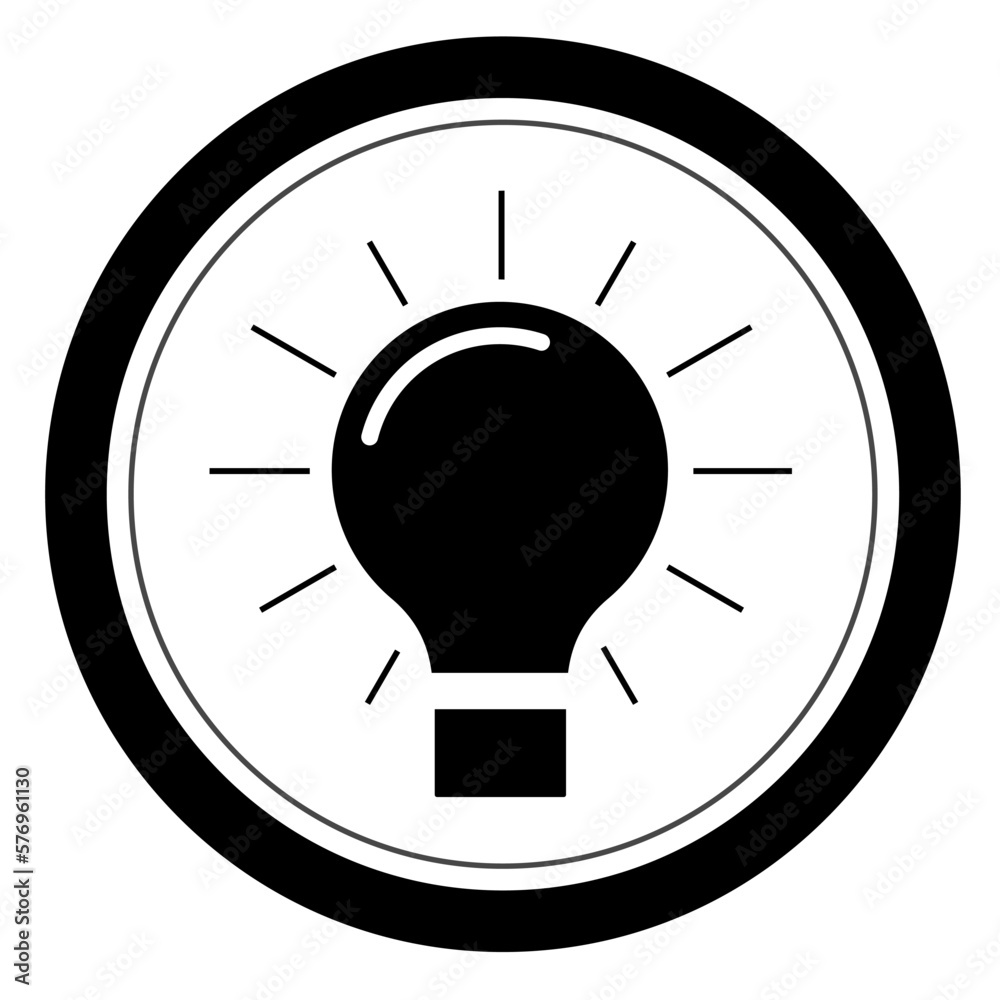Light bulb on round button black badge. Vector icon for quick tip ...