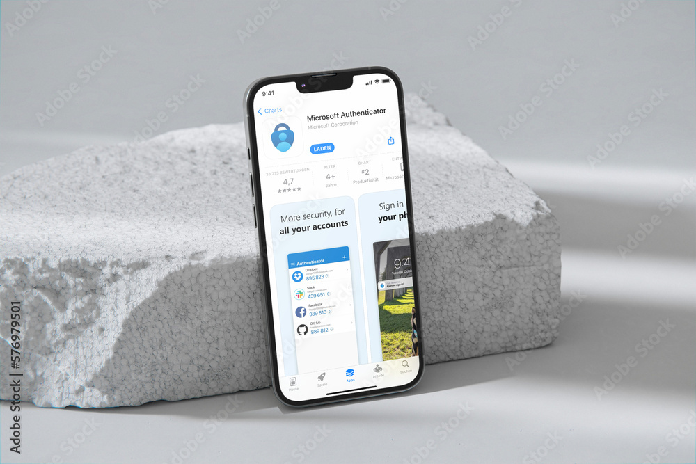 Mobile phone with Microsoft Authenticator App Store screen Stock Photo ...