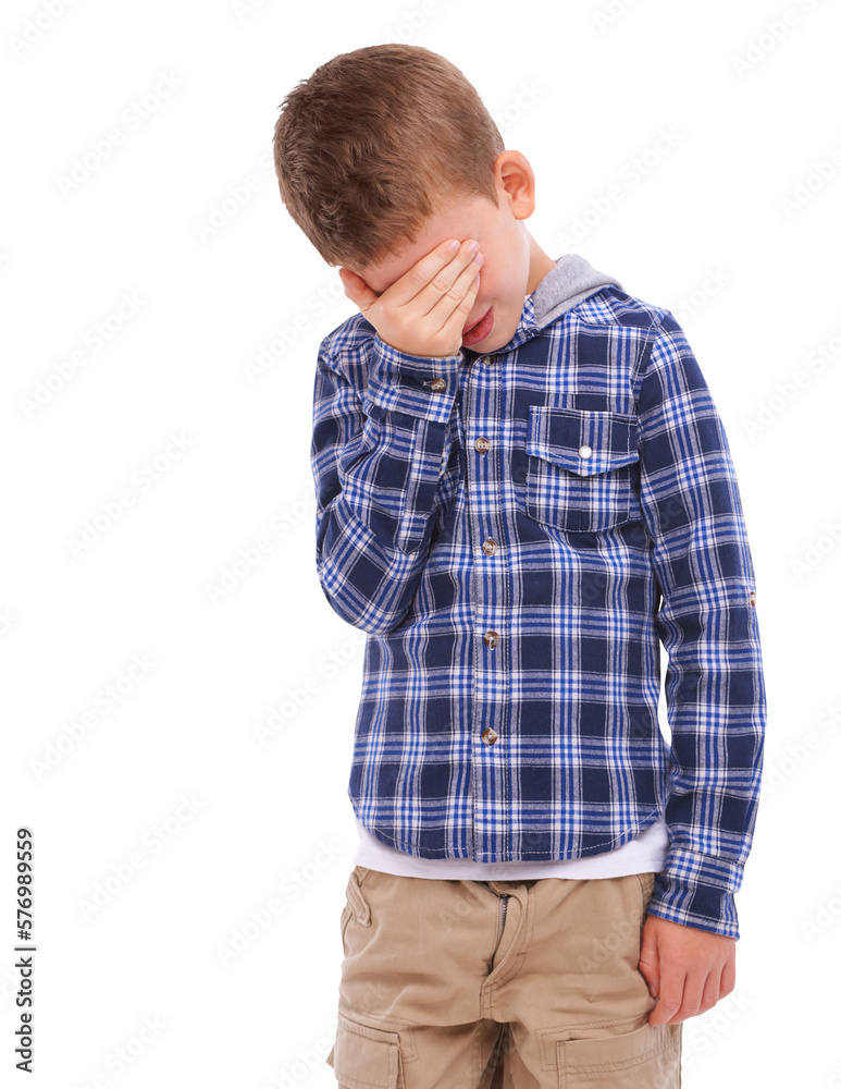 An unhappy and frustrated child is shown covering his face with hands ...