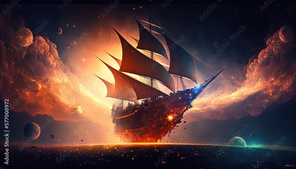 sci-fi pirate ship sailing to the horizon, Generative Ai Stock ...
