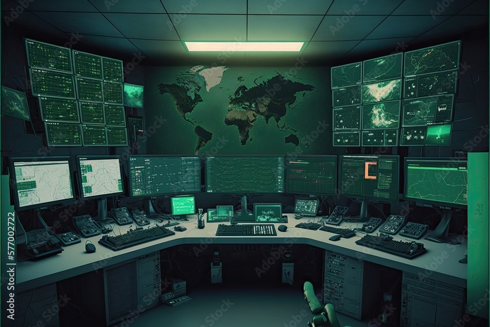 Ilustración de Stock Entrovinment of a huge futuristic empty control room with monitors, sensors ...