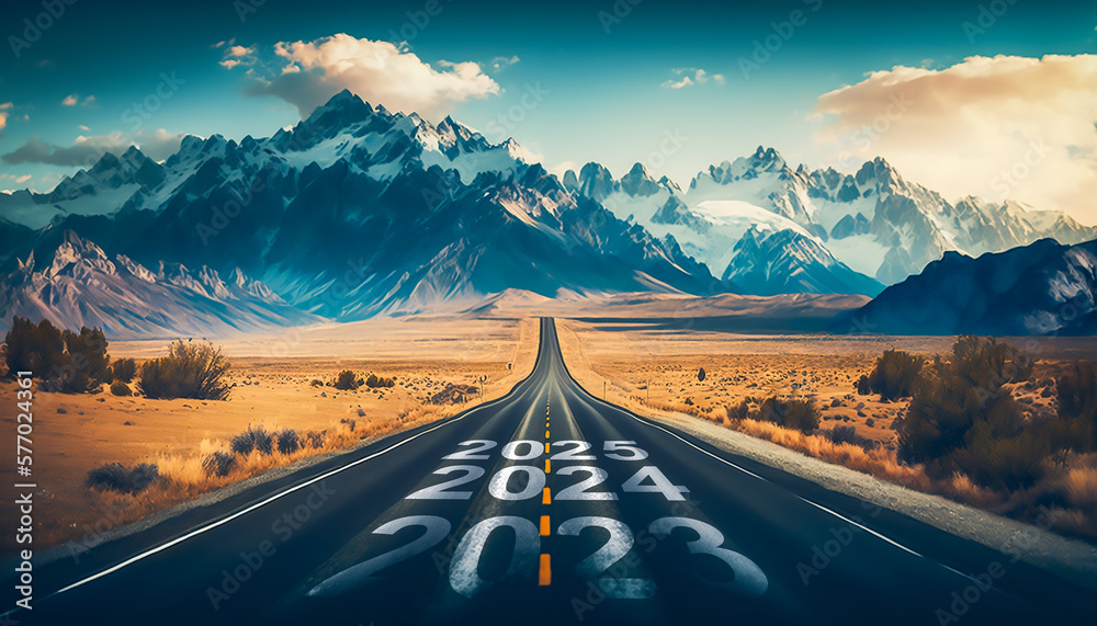 New year 2024 or straight forward road trip travel and future vision ...