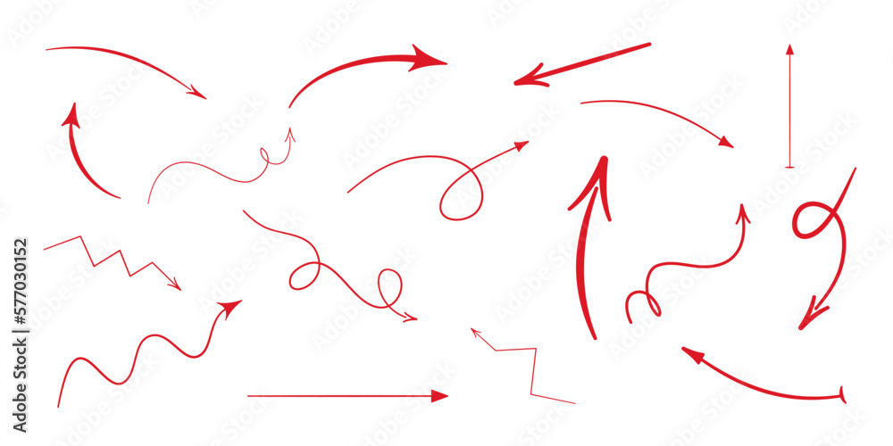 Ręcznie rysowane strzałki w czerwonym kolorze. Zestaw wektorowych ...