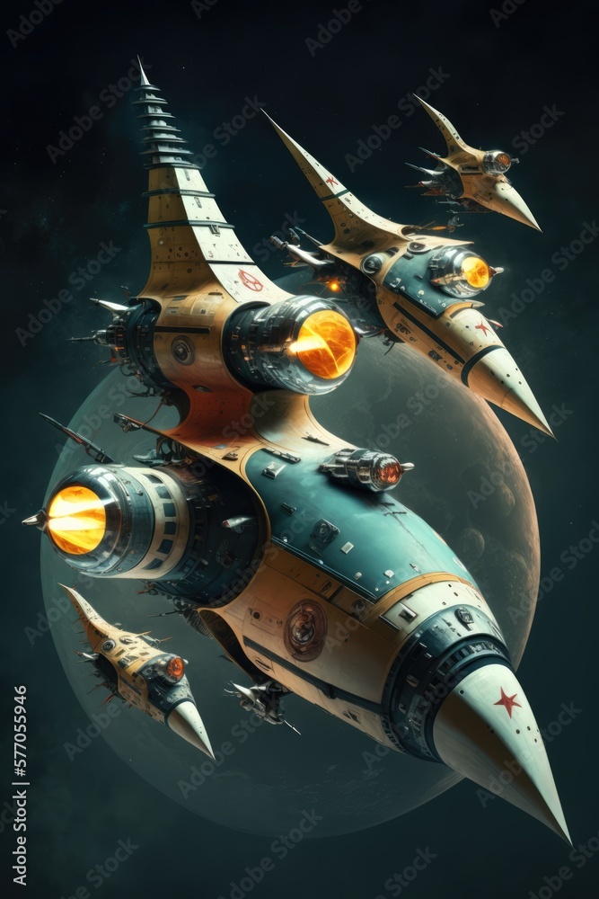 Spaceships flying in outer space over earth background, created using ...