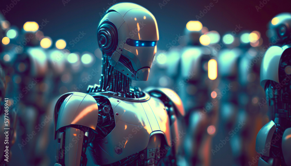 A robot in front of a crowd of robots. The robotic army of the future concept. Created with ...