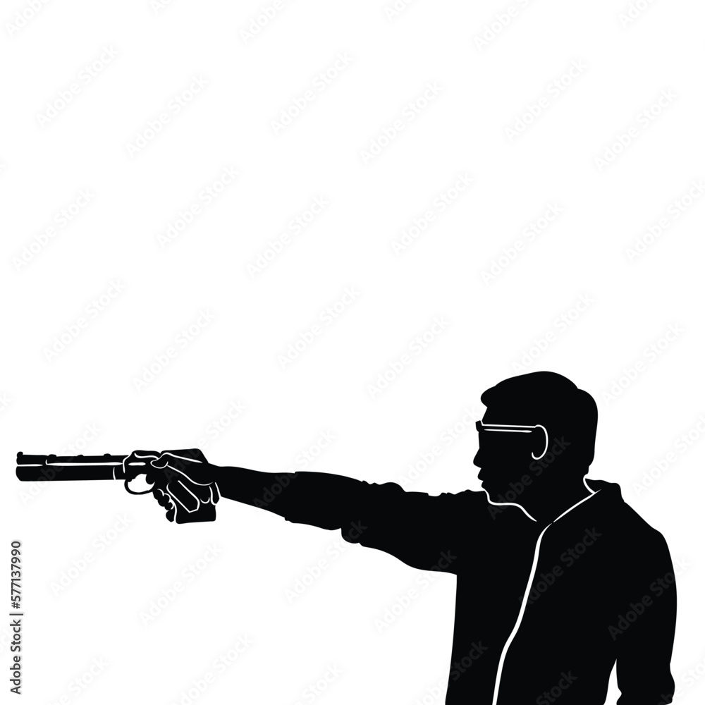 Trap shooting, aiming athlete with gun, isolated vector silhouette. Ink ...
