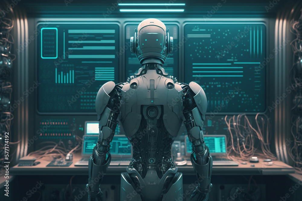 Humanoid robot works with futuristic control panel, Futuristic control ...
