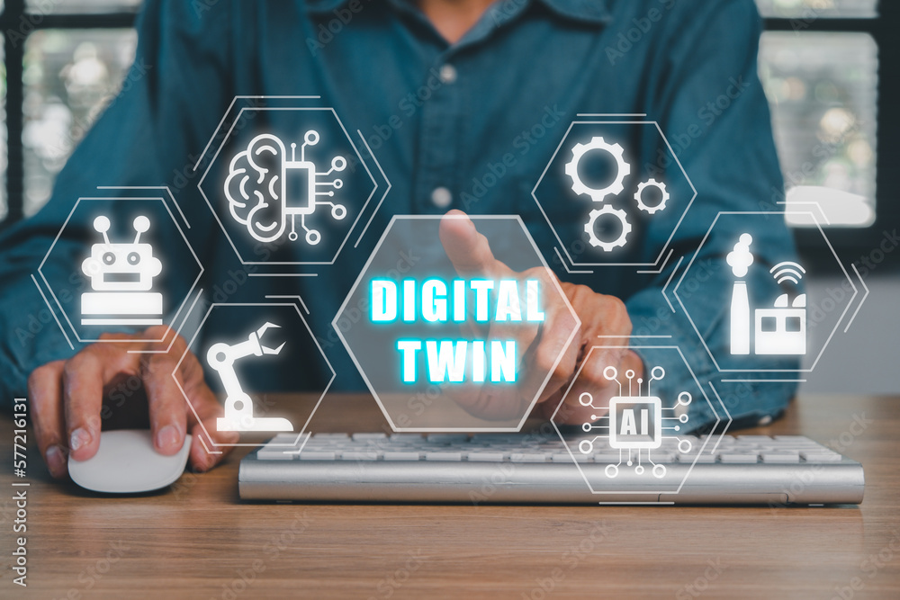 Digital twin business and industrial process modelling, Businessman ...