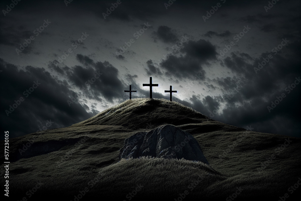 three crosses on Golgotha near Jerusalem, the death of Jesus, the ...