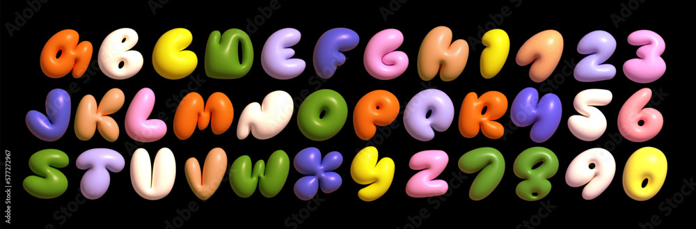 Colorful Latin 3D alphabet with airy thick letters. Font with numbers ...