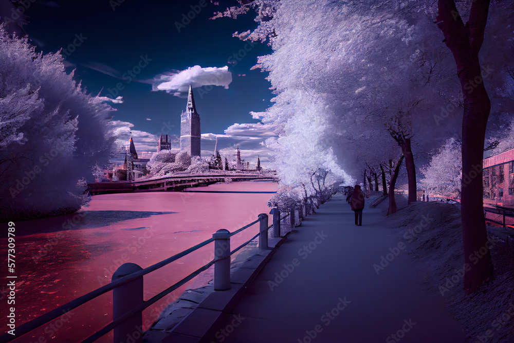 Bright urban spring landscape. Flowering trees in the city in the ...