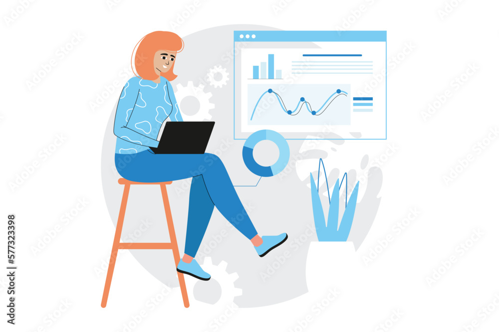 Data analysis blue concept with people scene in the flat cartoon design ...